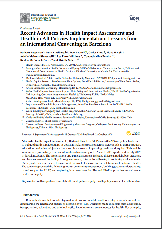 Recent Advances in Health Impact Assessment and Health in All Policies ...